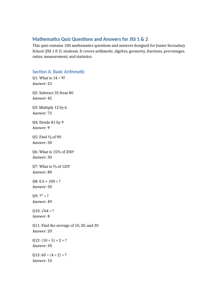JSS1 2 Mathematics Quiz Questions and Answers | PDF | Area | Rectangle