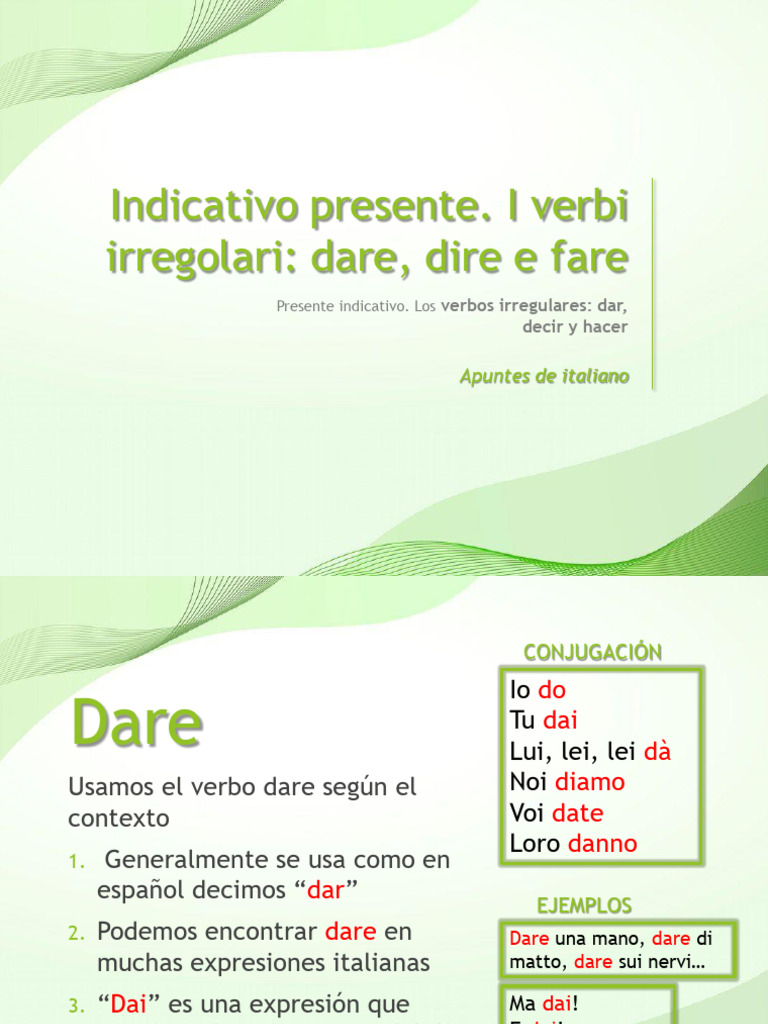 Verbos Irregulares Dare, Dire e Fare | PDF | Verbo | Sintaxis