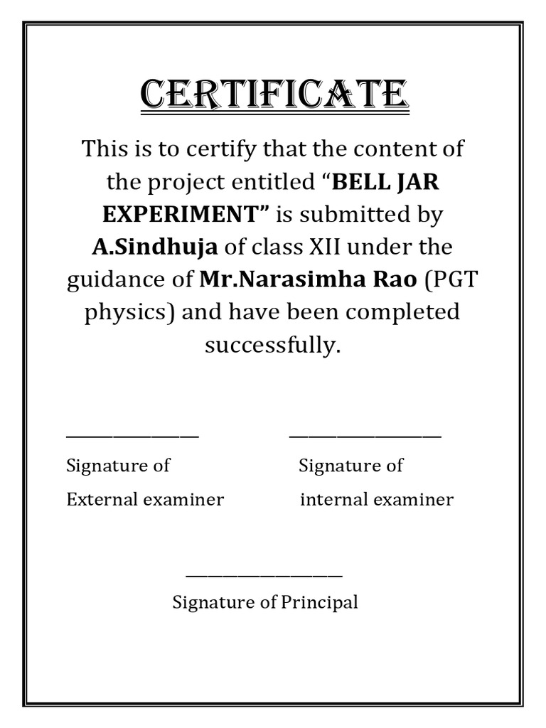 Bell Jar Experiment Project Certificate | PDF