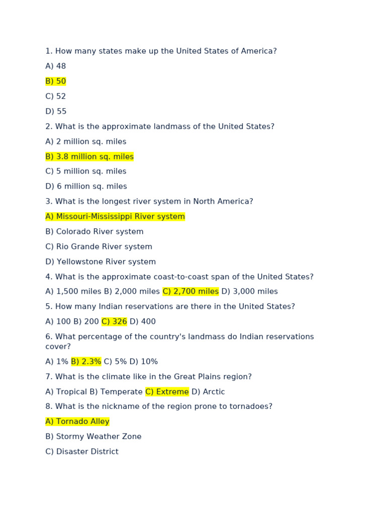 US Geography and Demographics Quiz | PDF | The United States ...