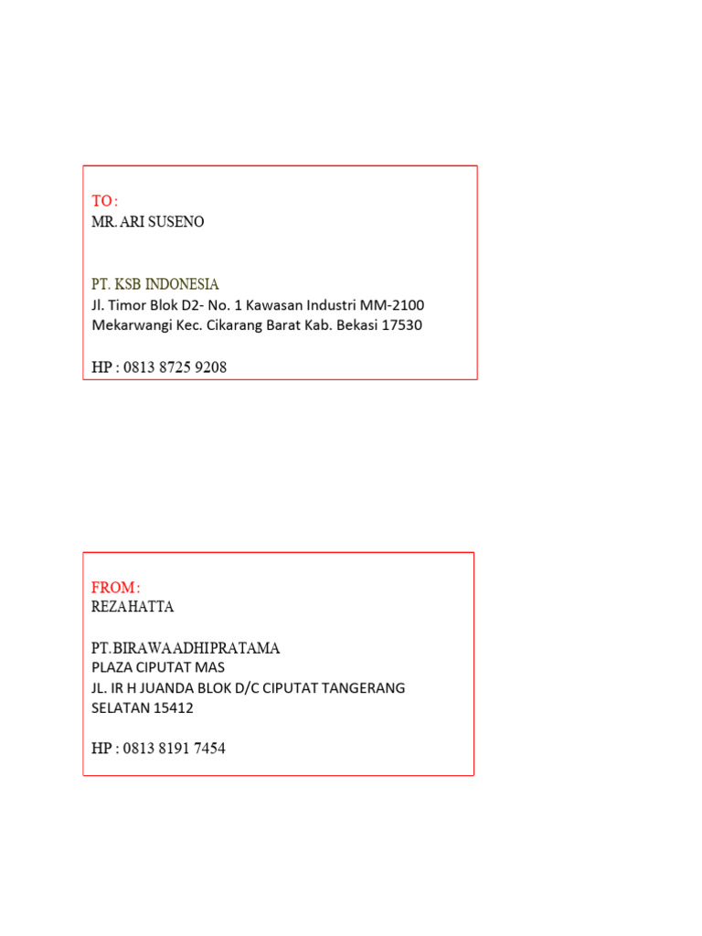 Surat untuk PT KSB Indonesia Cikarang | PDF
