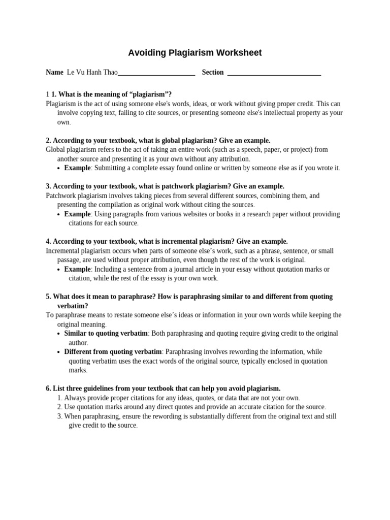 Avoiding Plagiarism Worksheet | PDF | Plagiarism | Citation