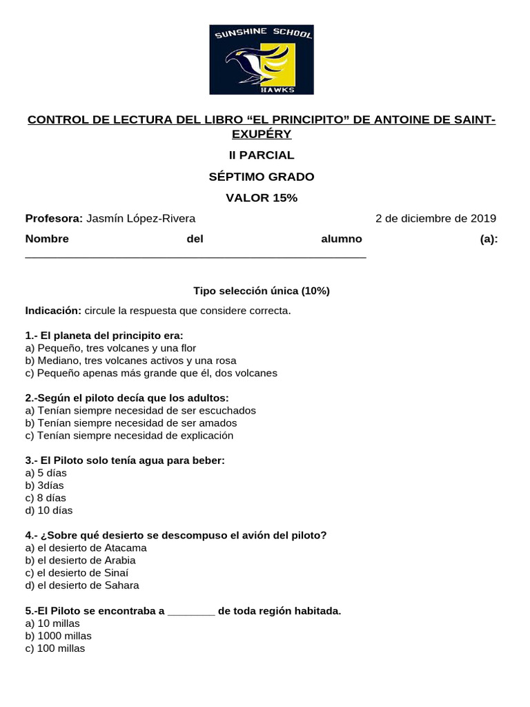 Comprobación de Lectura de El Principito | PDF | El Principito