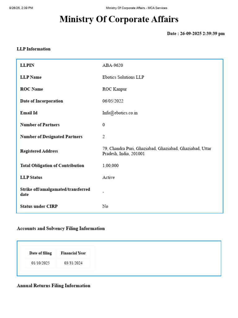 Ministry of Corporate Affairs - MCA Services | PDF