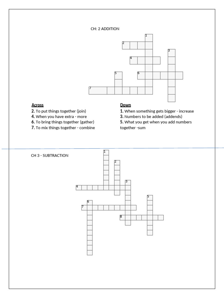 Math Operations Crossword Puzzle | PDF | Subtraction | Multiplication