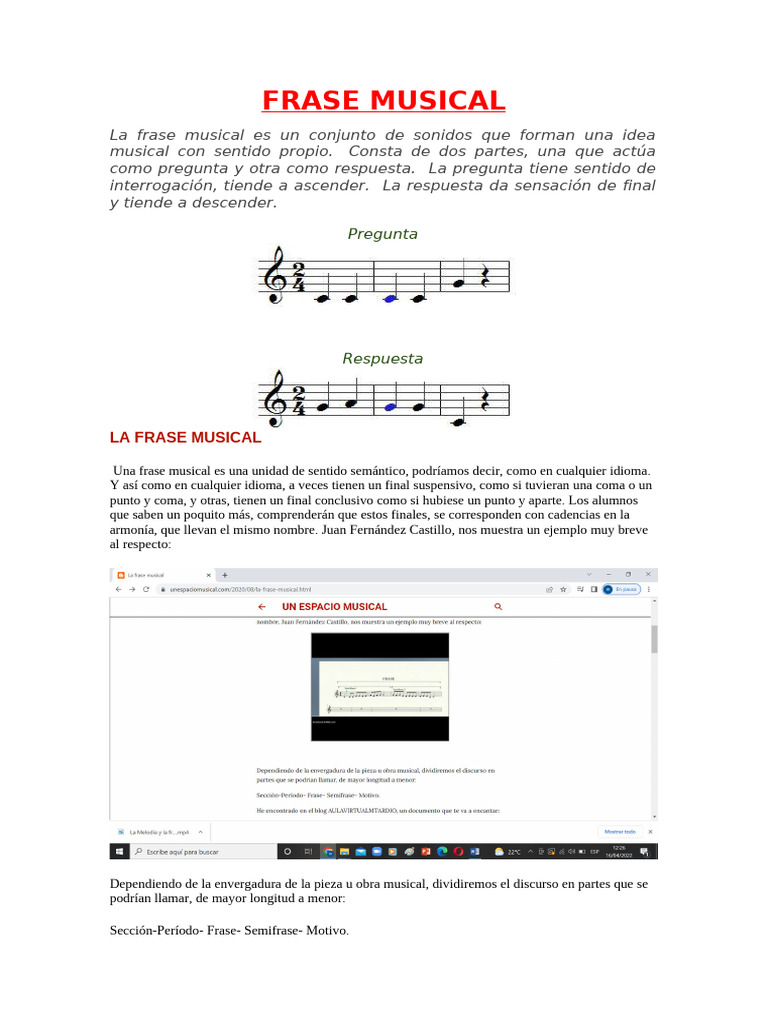 FRASE MUSICAL Cuarto Grado | PDF | Formas musicales | Elementos de la ...