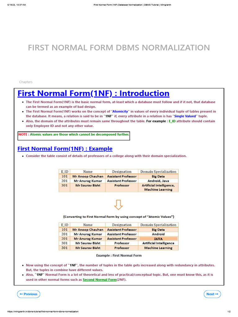 First Normal Form (1NF) Database Normalization - DBMS Tutorial - Minigranth | PDF | Databases ...