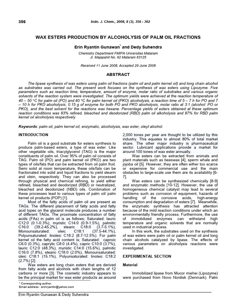 Wax Esters from Palm Oil Alcoholysis | PDF | Thin Layer Chromatography ...