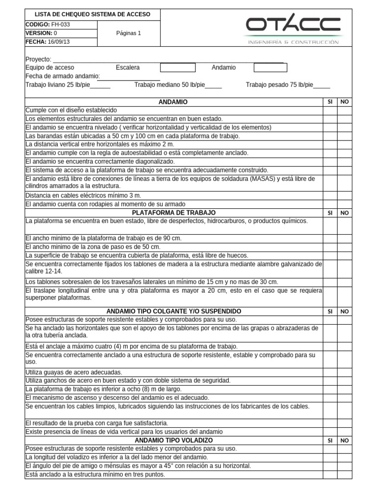 Fh 033 Lista De Chequeo Sistema De Acceso Pdf Escalera Andamio