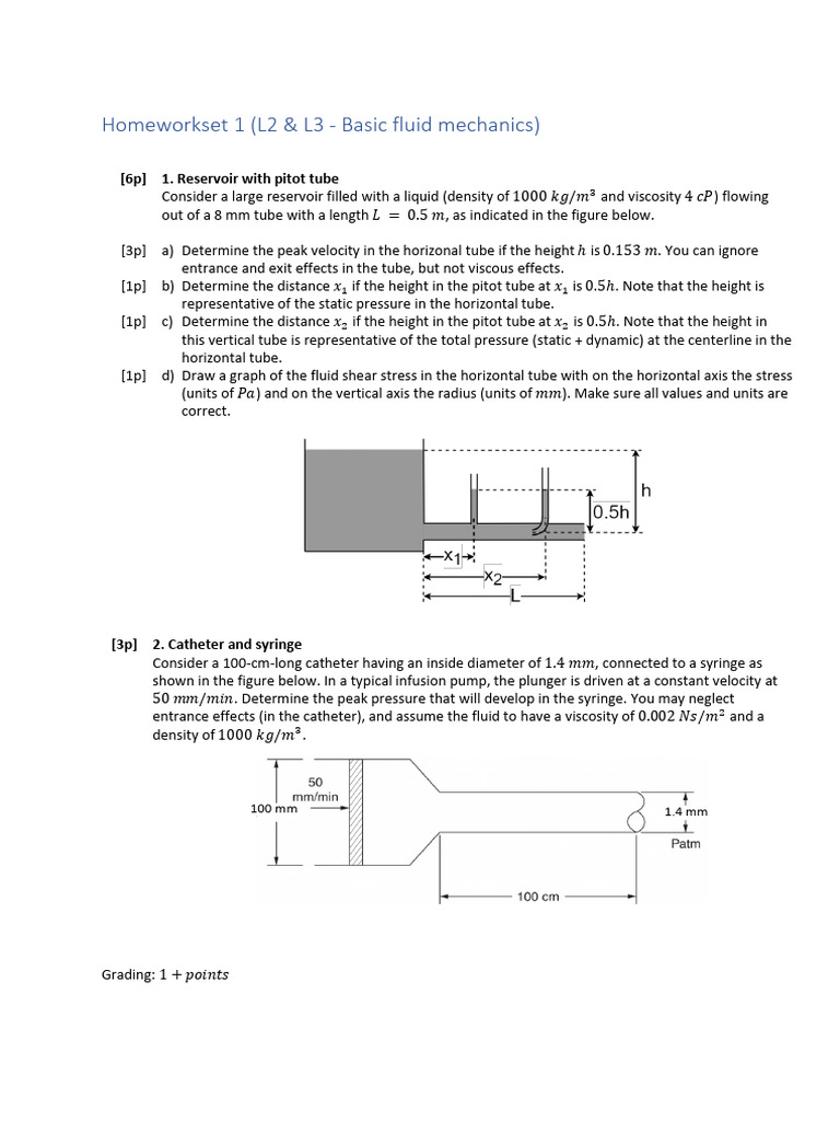 H1 - Homework Assignment Questions (L2&L3 - Basic Fluid Mechanics) | PDF