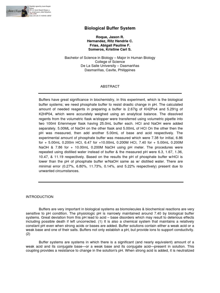 Biological Buffer System | PDF | Ph | Buffer Solution