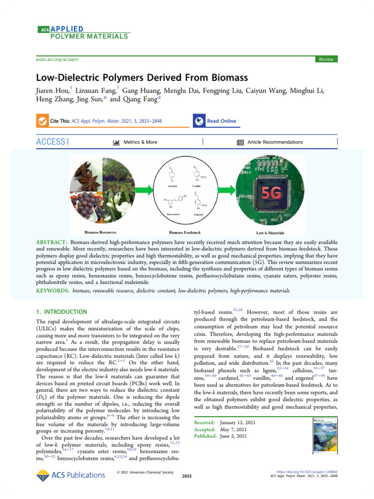 Low-Dielectric Polymers Derived From Biomass | PDF | Epoxy | Materials