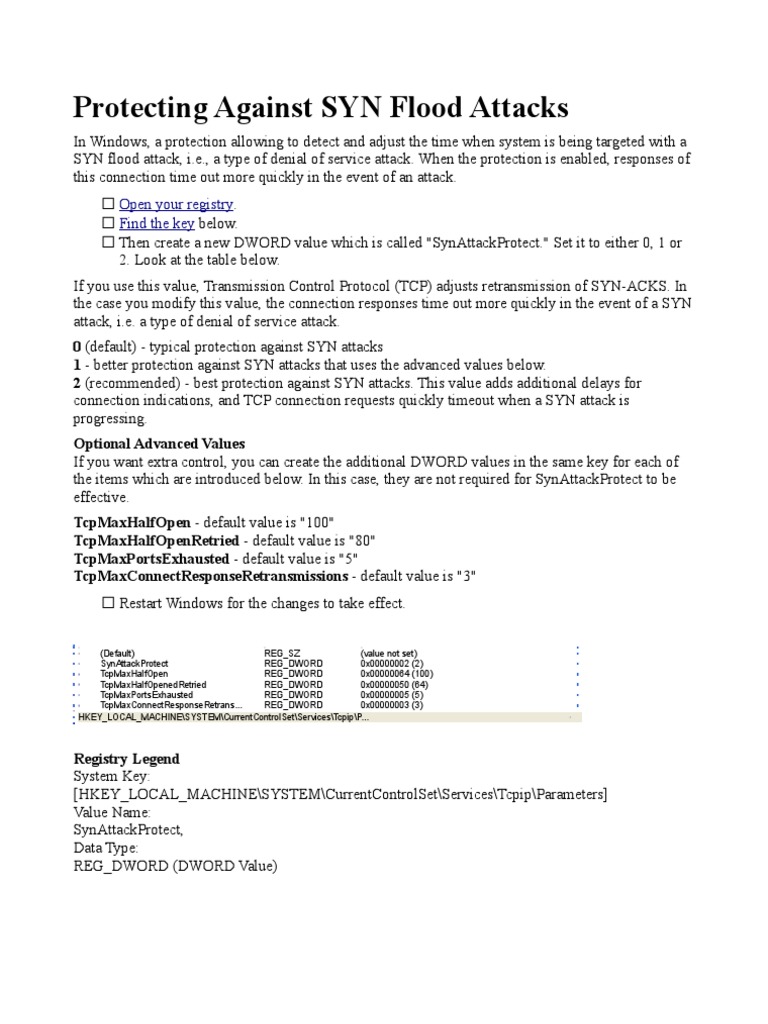 Protecting Against SYN Flood Attacks, XP | PDF | Transmission Control ...