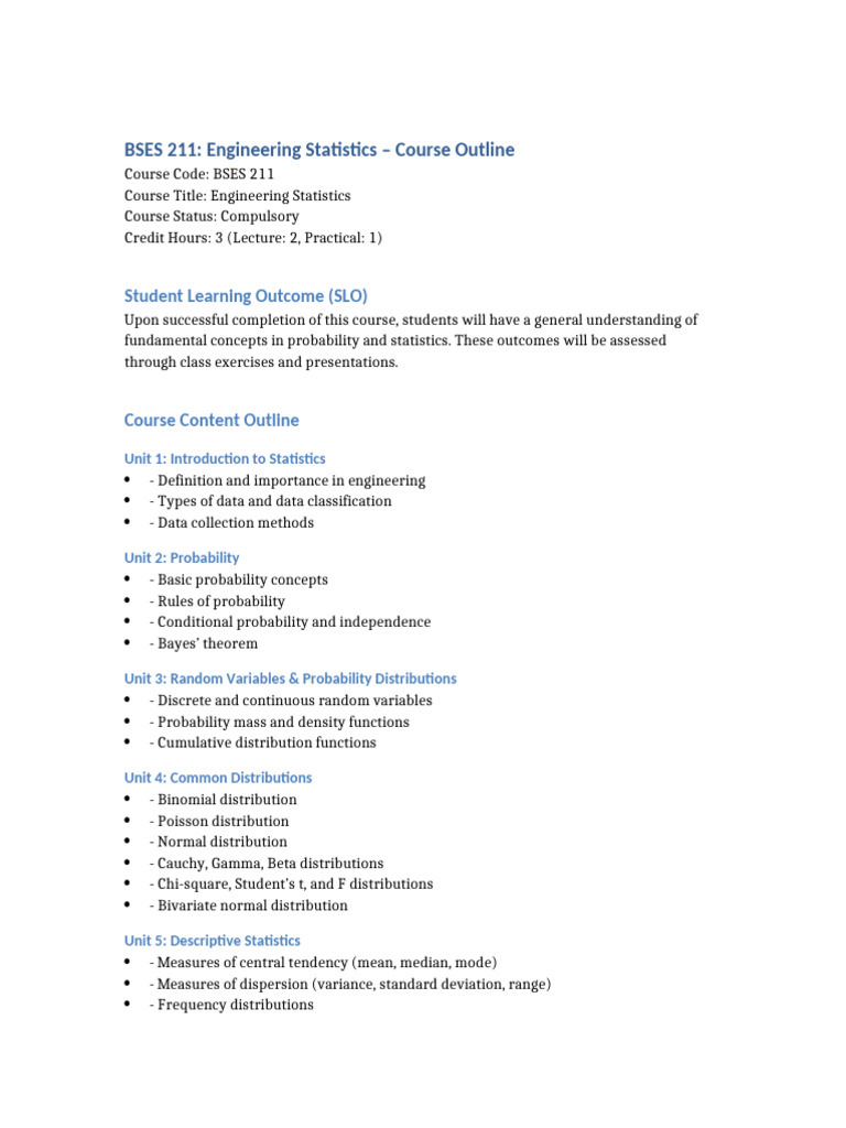 Engineering Statistics Course Outline | PDF