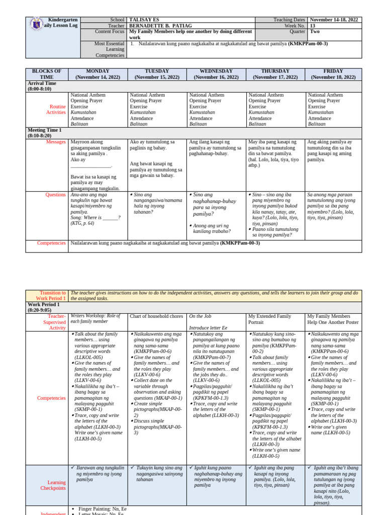Talisay District Kindergarten DLL Melc q2 Week 13 | PDF | Human ...