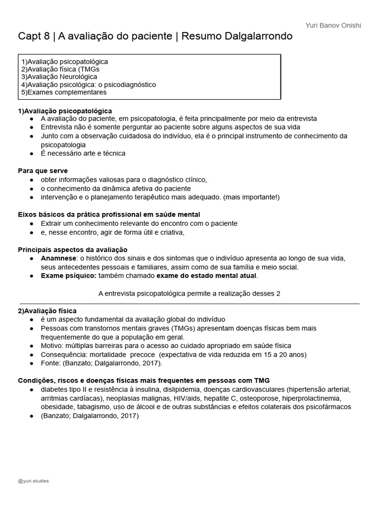 Resumo Capt 8 - A Avaliação Do Paciente - Dalgalarrondo | PDF