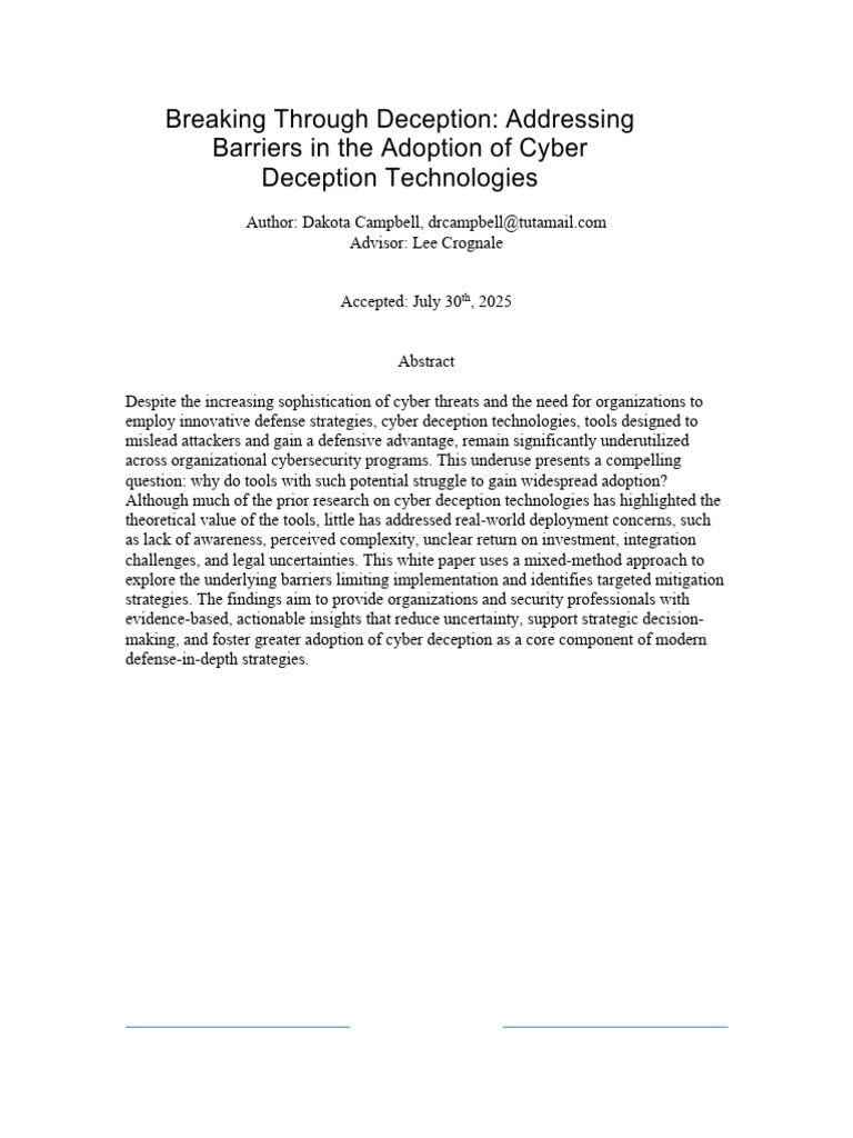 SANS Breaking Through Deception Addressing Barriers Adoption Cyber ...