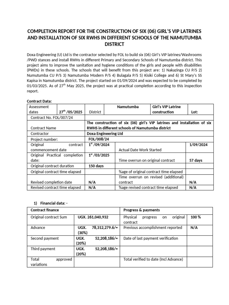 Inspection Completion Report-VIP Latrines Namutumba - Doxa-June | PDF ...