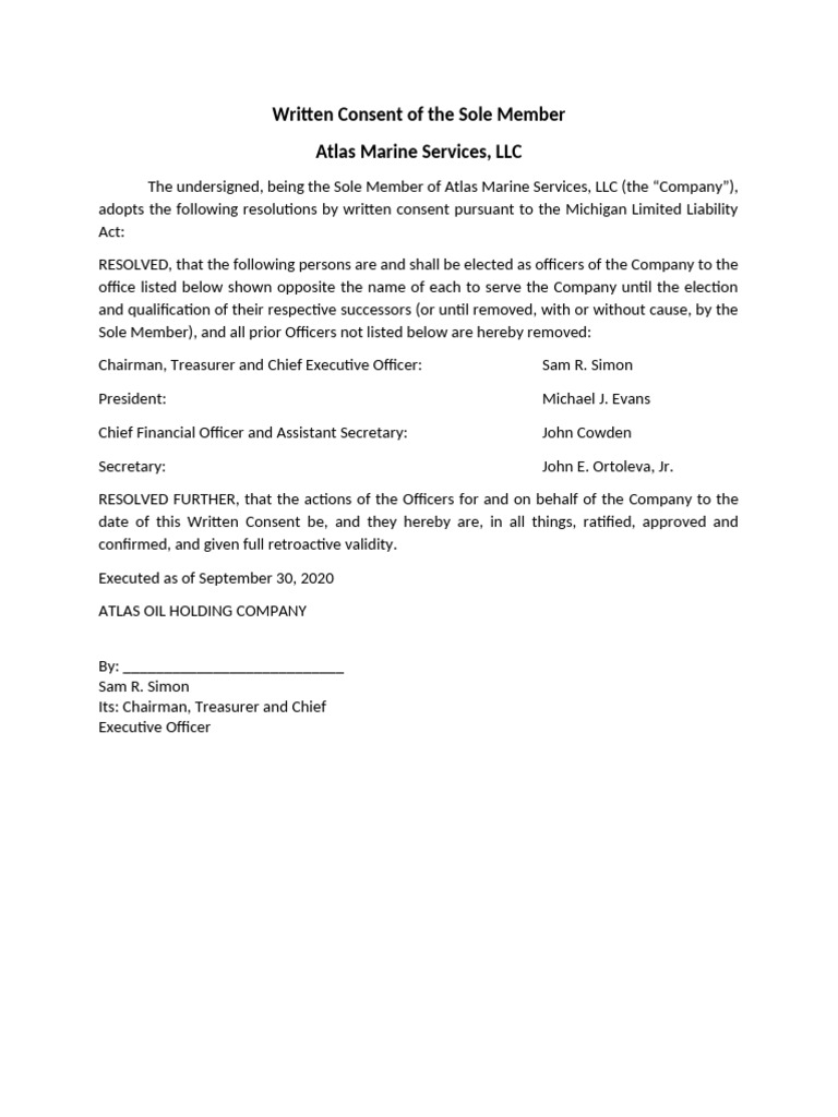 Form-WRITTEN CONSENT For LLC (FORM 1) Atlas Marine Services, LLC ...