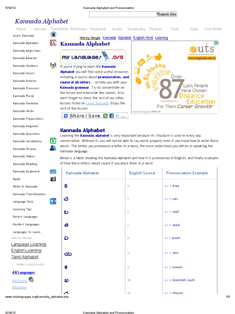 Kannada Alphabet and Pronunciation | PDF | Alphabet | Word