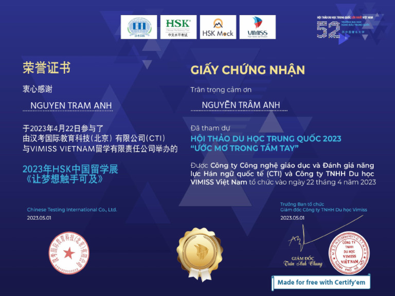 Certificate For Nguyen Tram Anh For - GCN S - Ki - N 2 | PDF