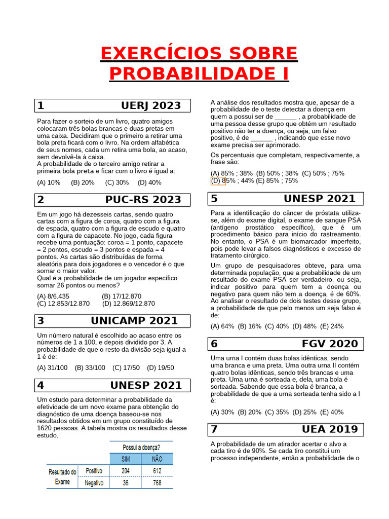 EXERCÍCIOS PROBABILIDADE | PDF | Antígeno específico da próstata