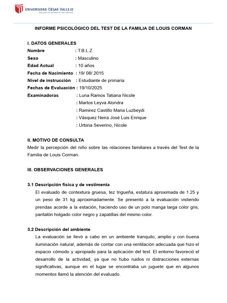 Informe Psicológico Del Test de La Familia de Louis Corman | PDF | Las ...