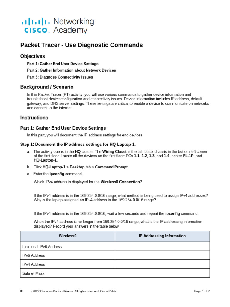 23 1 7 Packet Tracer Use Diagnostic Commands | PDF