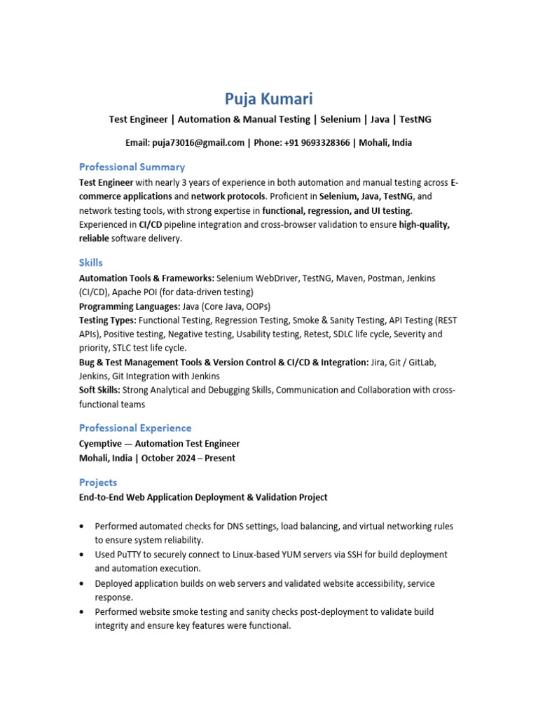 Puja Automation Testing Resume | PDF | Selenium (Software) | Software ...