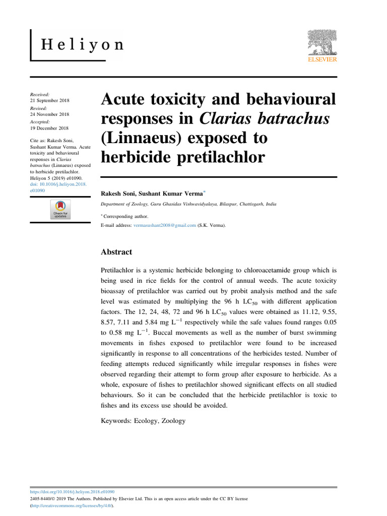 Acute Toxicity and Behavioural Responses in Clarias Batrachus Lin 2018 ...