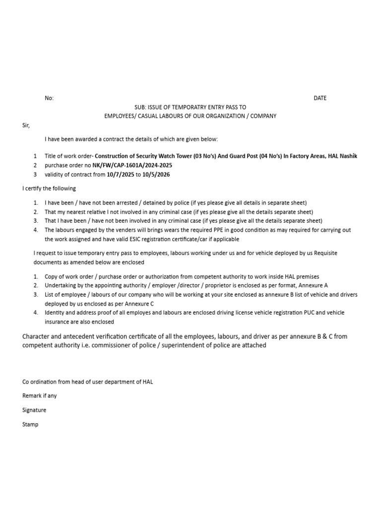 Temporary Entry Pass Request for Workers | PDF