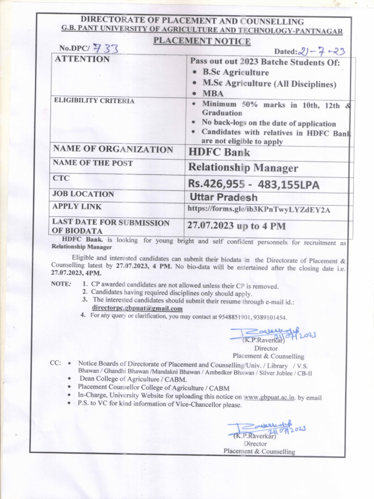 21.07.2023 HDFC Bank Placement Notice | PDF