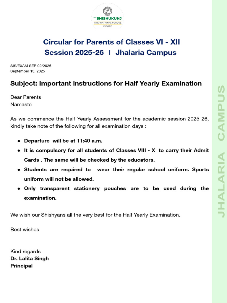 Important Instructions For Half Yearly Examination | PDF