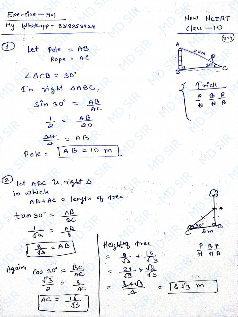 Class 10 New Ncert Some Applications of Trigonometry Notes by MD | PDF