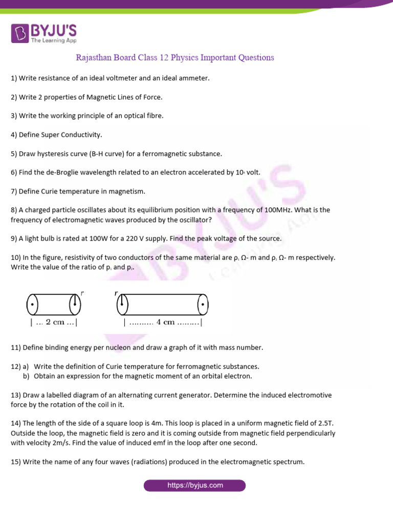 Rajasthan Class 12 Physics Key Questions | PDF | Magnetic Field | Rectifier
