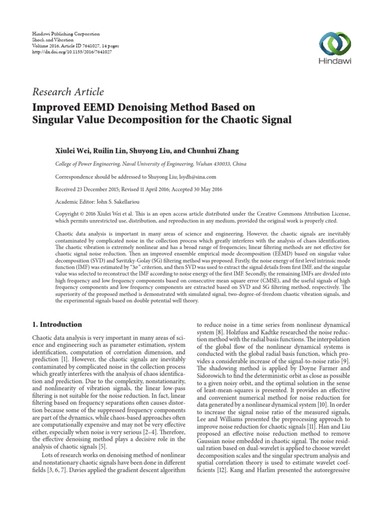 Shock and Vibration - 2016 - Wei - Improved EEMD Denoising Method Based On Singular Value ...