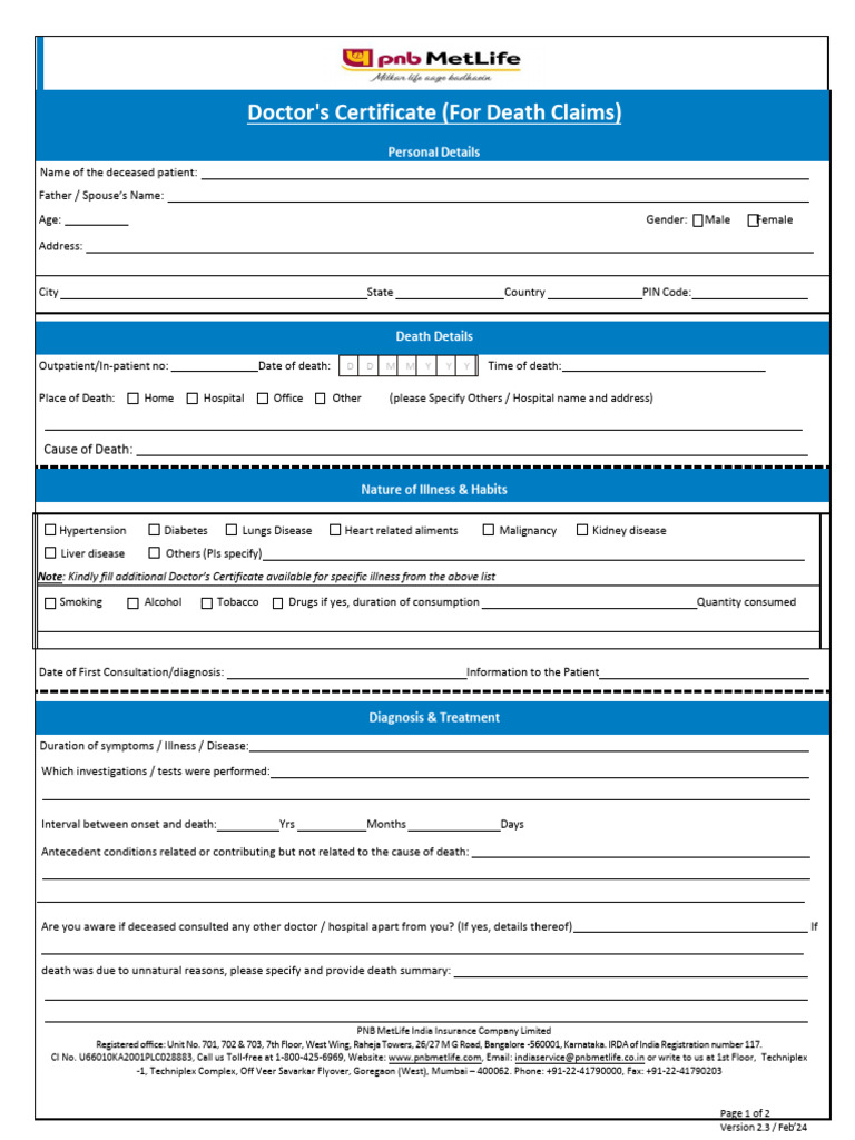 Doctors Certificate For Death Claims Version 2.3 | PDF | Death | Health ...