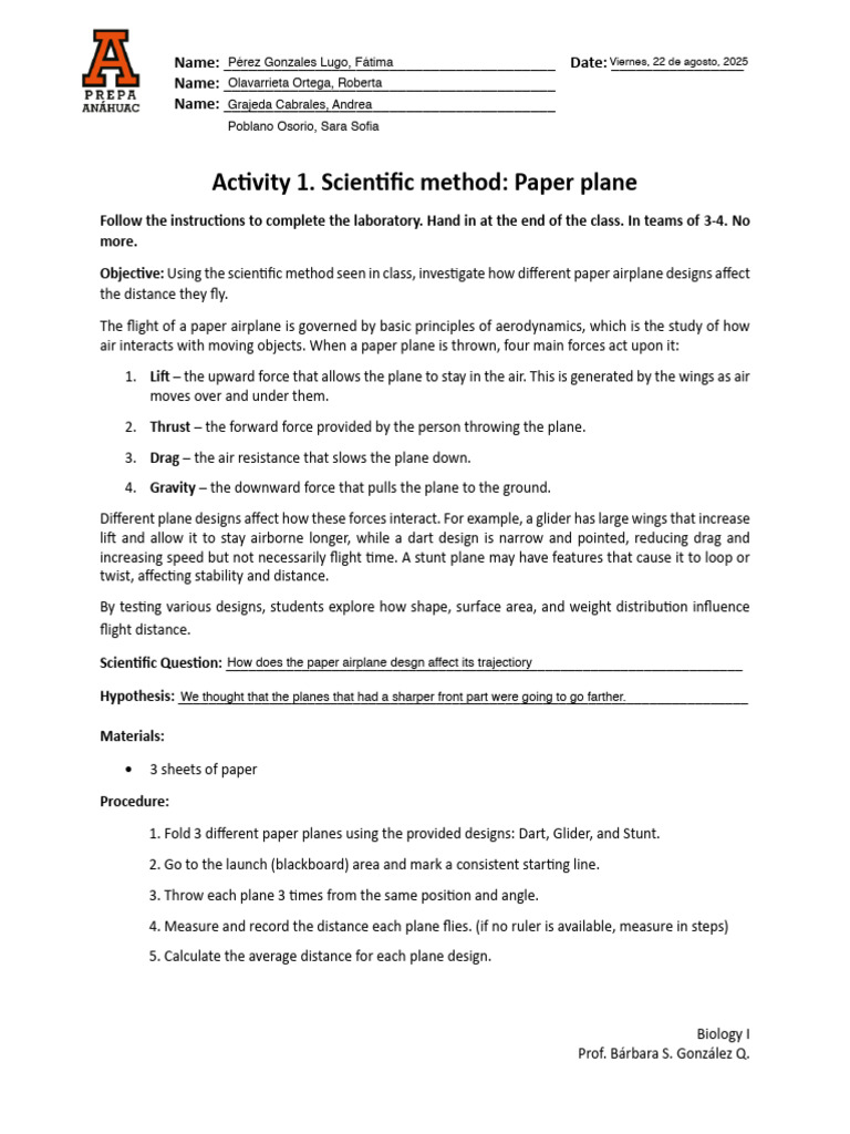 Act 1 - Scientific Method - Paper Plane | PDF | Flight | Airplane