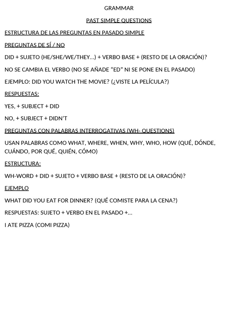 Grammar - Past Simple Questions | PDF