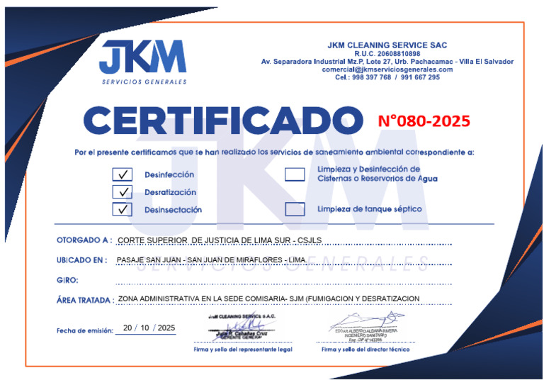 Octubre Certificado de Fumigacion y Desratizacion 080 - 2025 - Comisario SJM | PDF