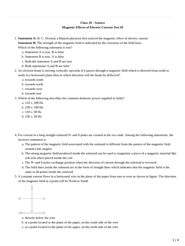 Class 10 Science: Magnetic Effects Quiz | PDF | Magnetic Field | Wire
