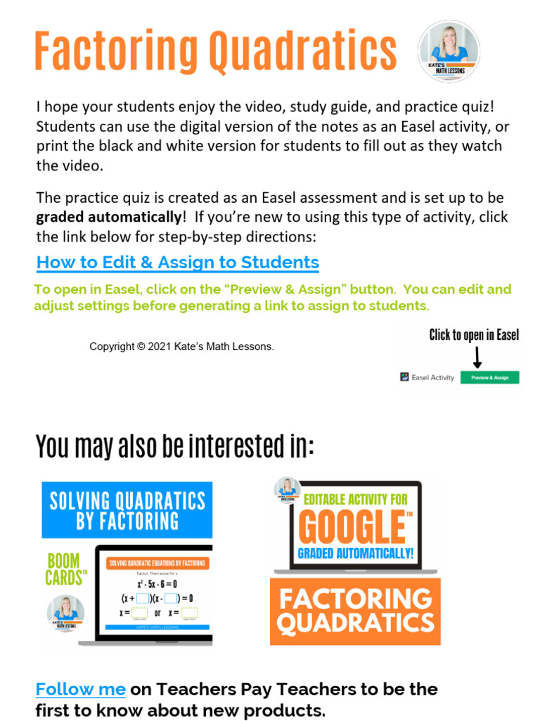 Factoring Quadratics: How To Edit & Assign To Students | PDF