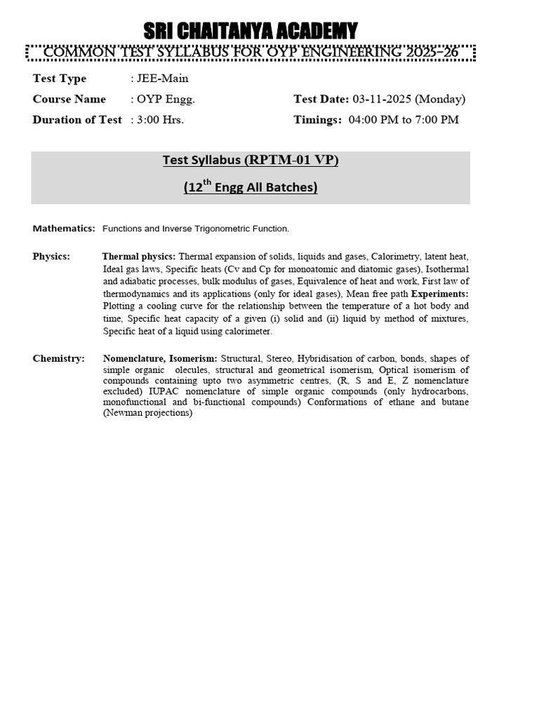 Test Syllabus - 12th Engg All Batches - 03!11!2025 - JEE-Main | PDF