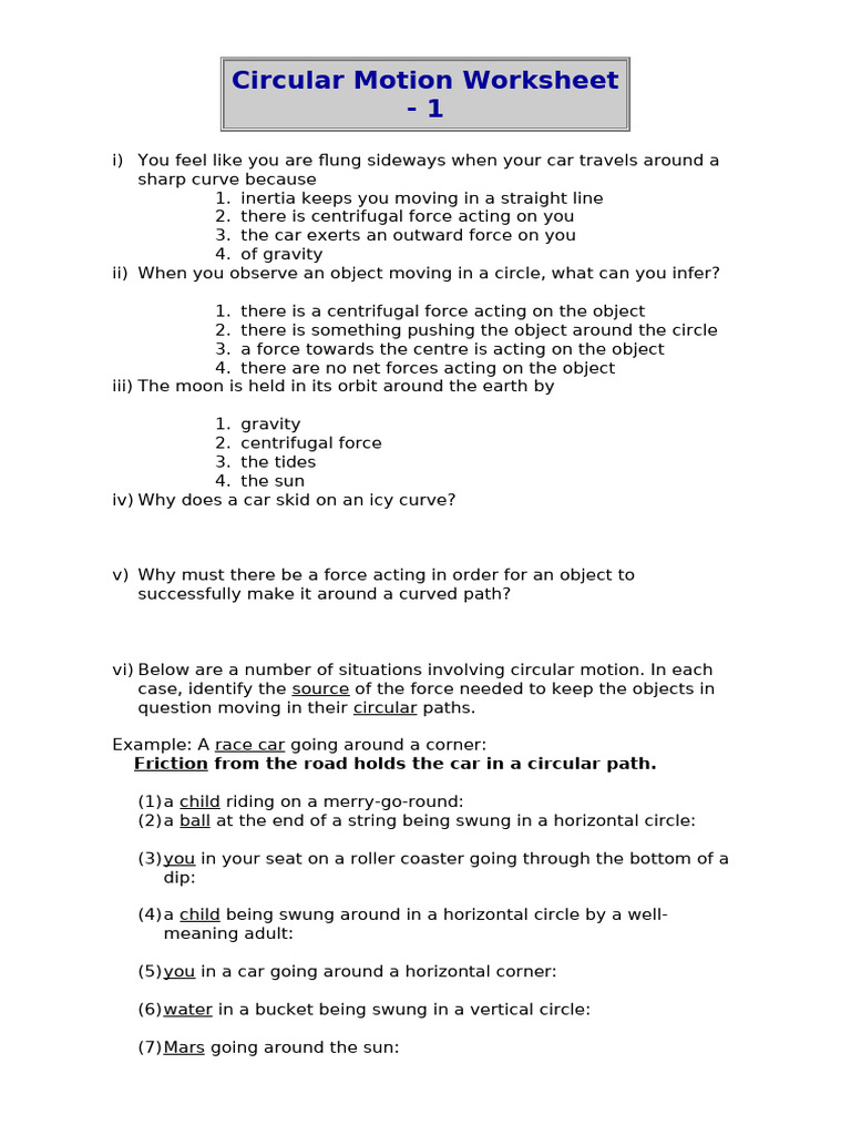 Circular Motion Concepts Worksheet | PDF