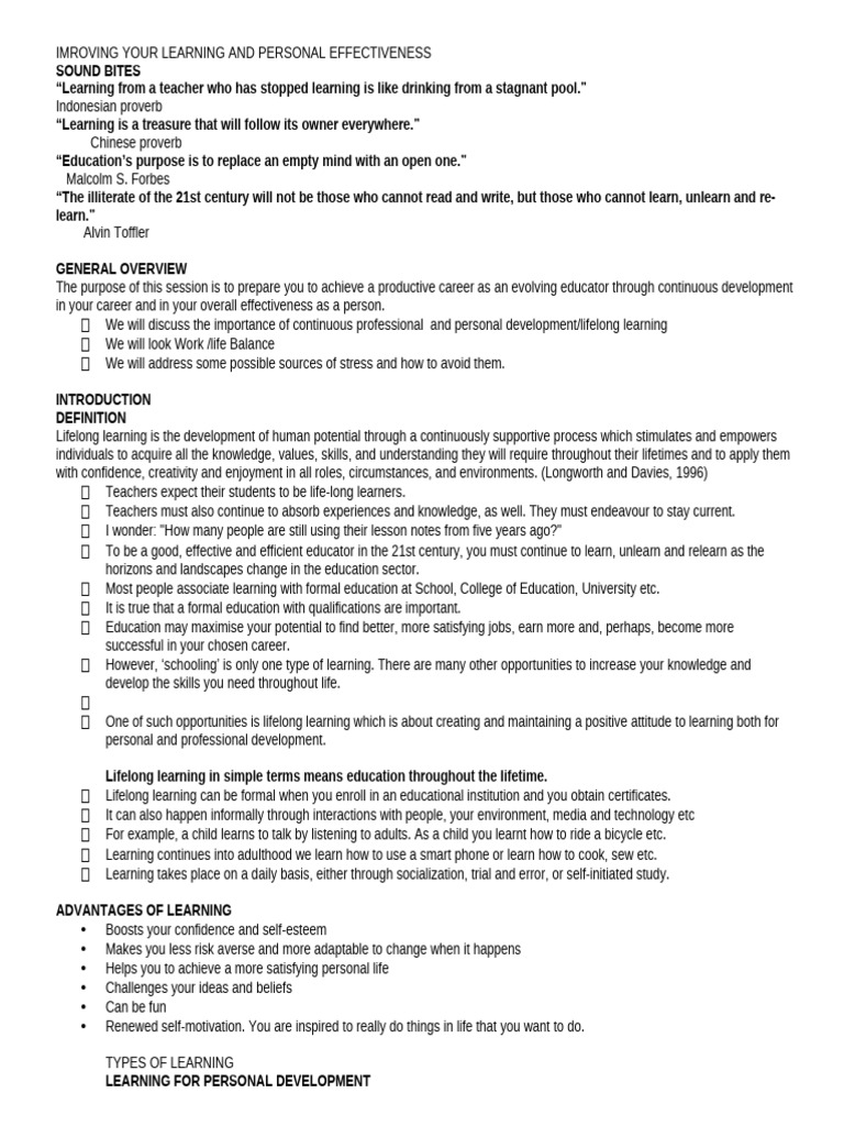 Imroving Your Learning and Personal Effectiveness Word Handout | PDF ...