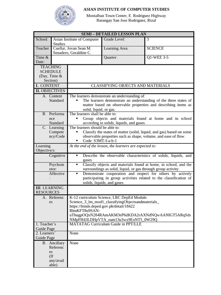 Lesson Plan: Classifying Matter States | PDF | Gases | Liquids