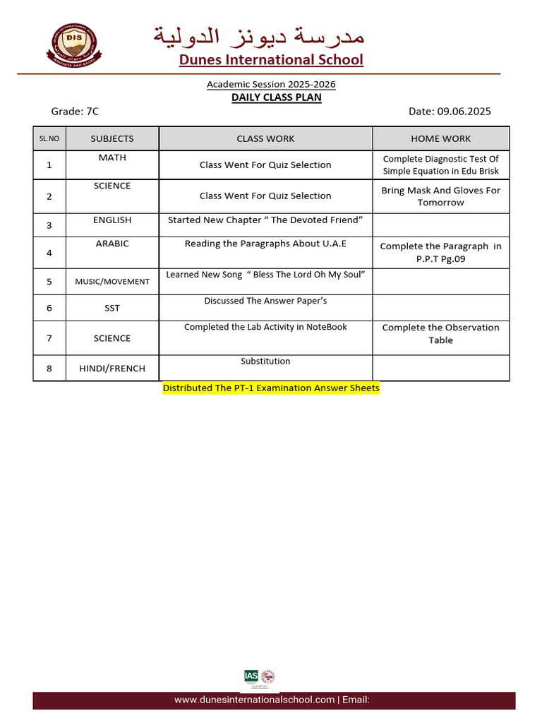Grade 7C Daily Class Plan 2025-2026 | PDF