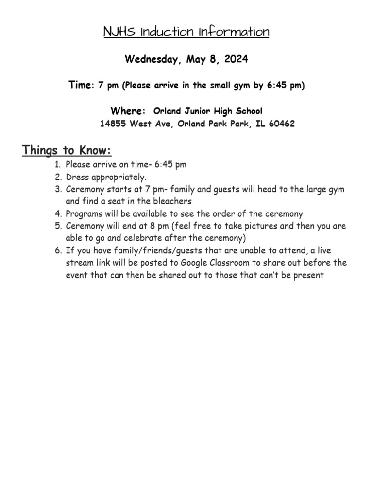 NJHS Induction Ceremony Information | PDF