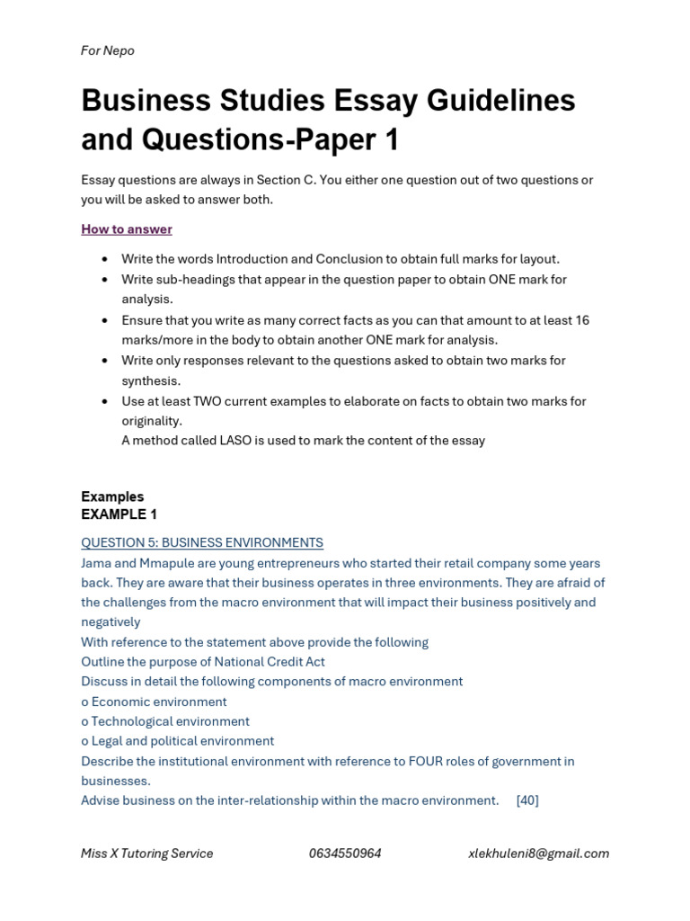 Business Studies Essay Guidelines | PDF | Credit | Finance & Money ...