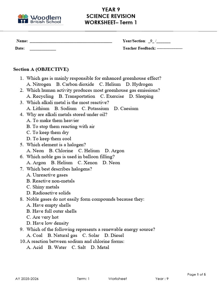 y9 Worksheet Science Revision 2025 2026 | PDF | Argon | Sodium